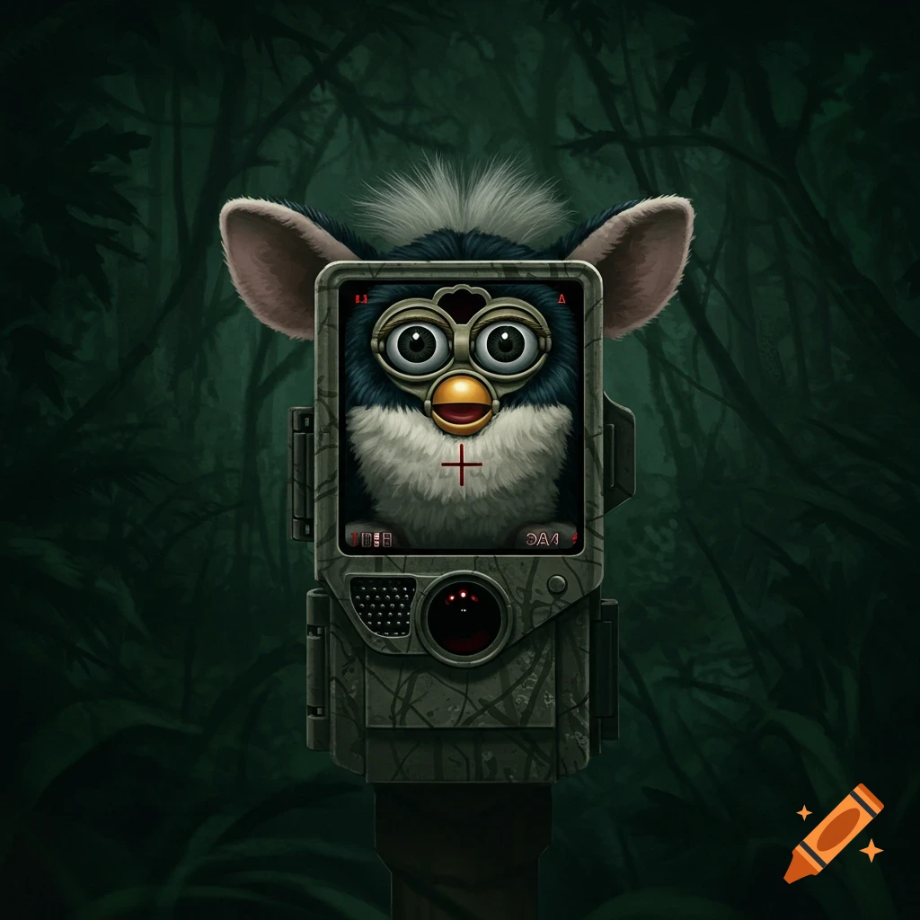 Furby on a trail camera on Craiyon