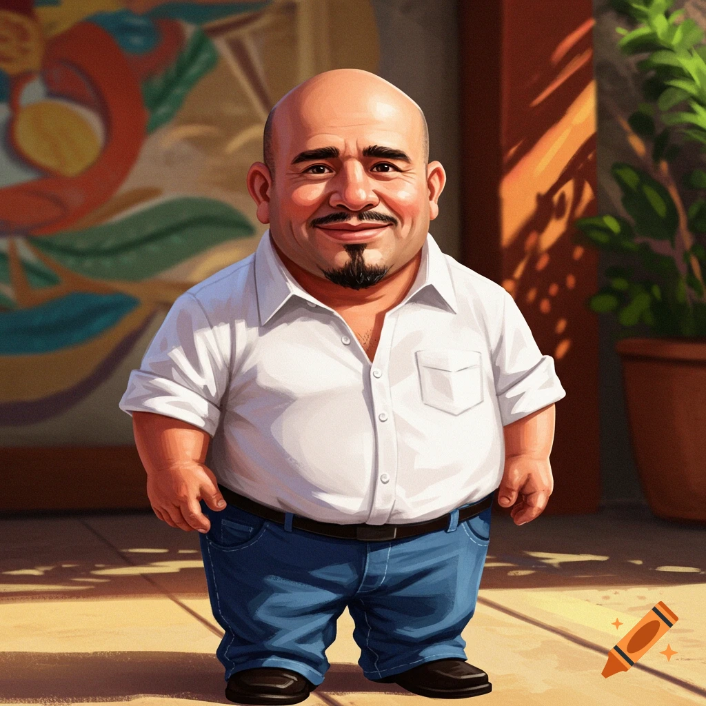 A short, overweight bald man with a goatee wearing a white shirt and ...