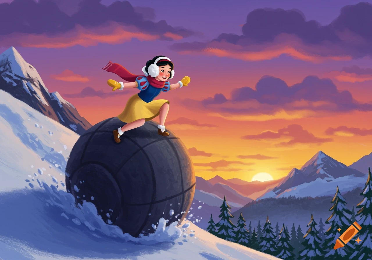 Snow White rides a large boulder down a snowy mountain at sunset ...