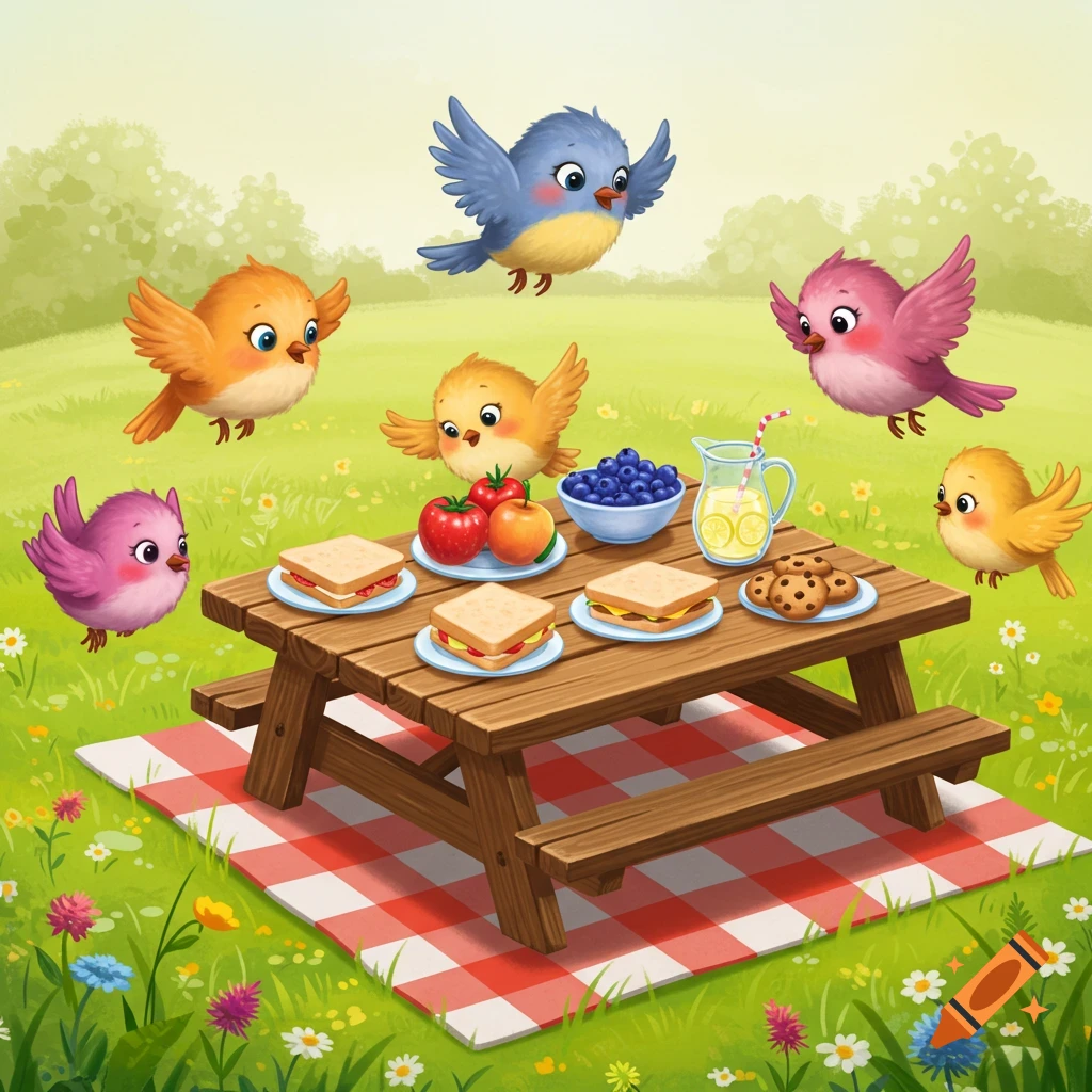 Cute birds hovering over picnic table with treats on Craiyon
