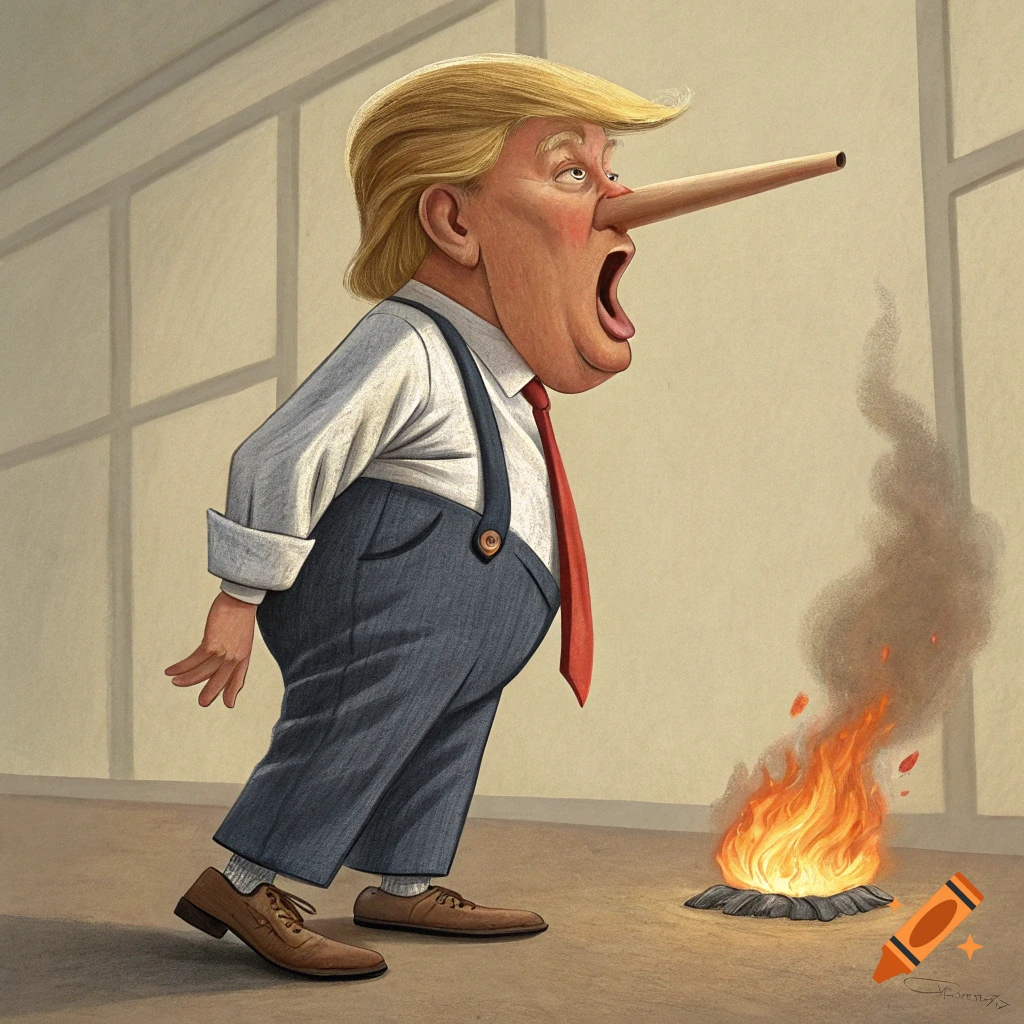 Cartoon illustration of Donald Trump with a long Pinocchio nose ...