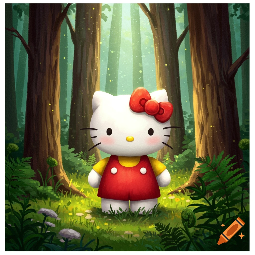 Cartoon Hello Kitty and pink-haired girl holding cupcakes in a pink ...