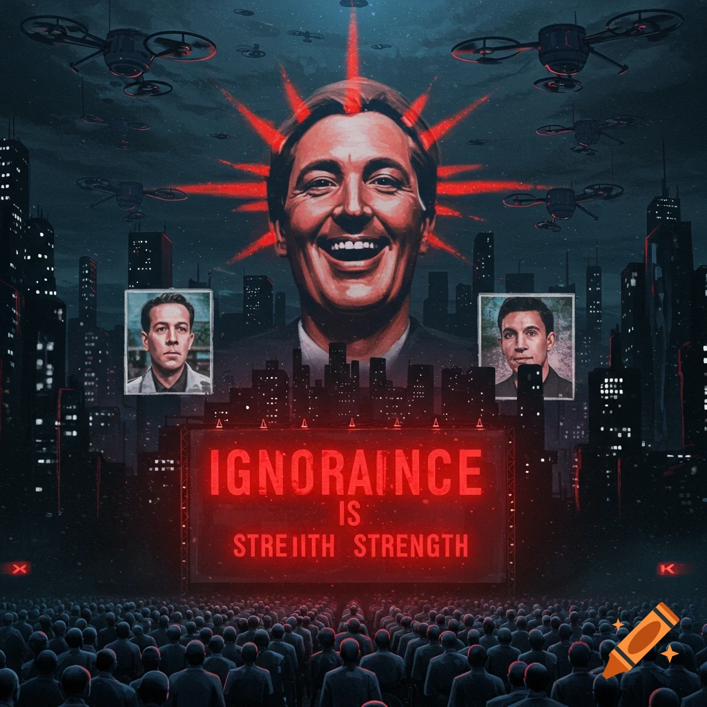 Dystopian city skyline with surveillance drones, digital billboards, and marching citizens with ...