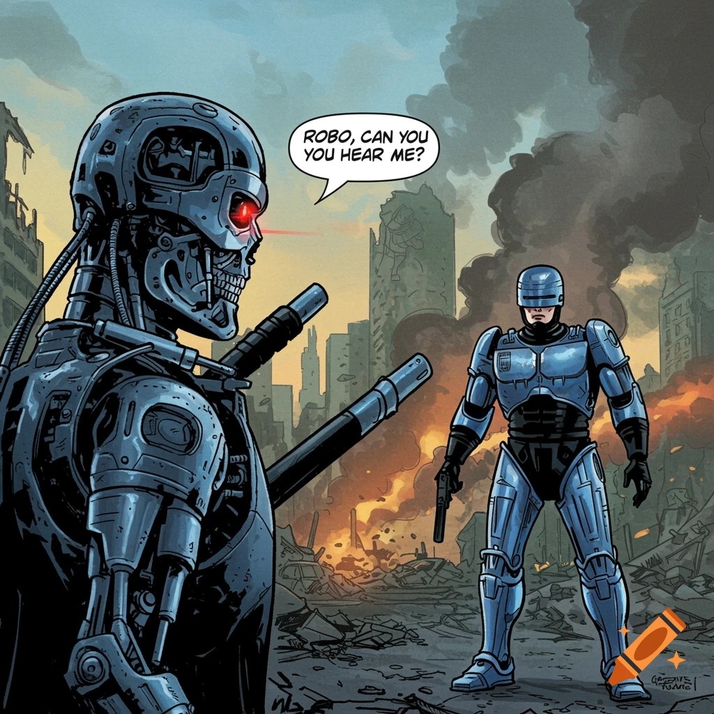 Terminator speaks to RoboCop in a destroyed city in comic book style ...