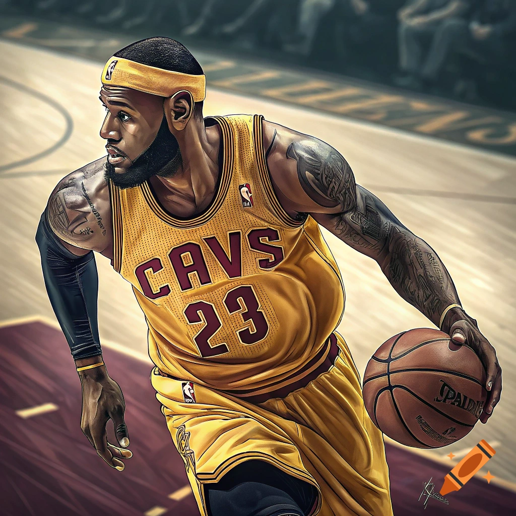 Cartoon illustration of Lebron James in a Cavaliers jersey on a ...