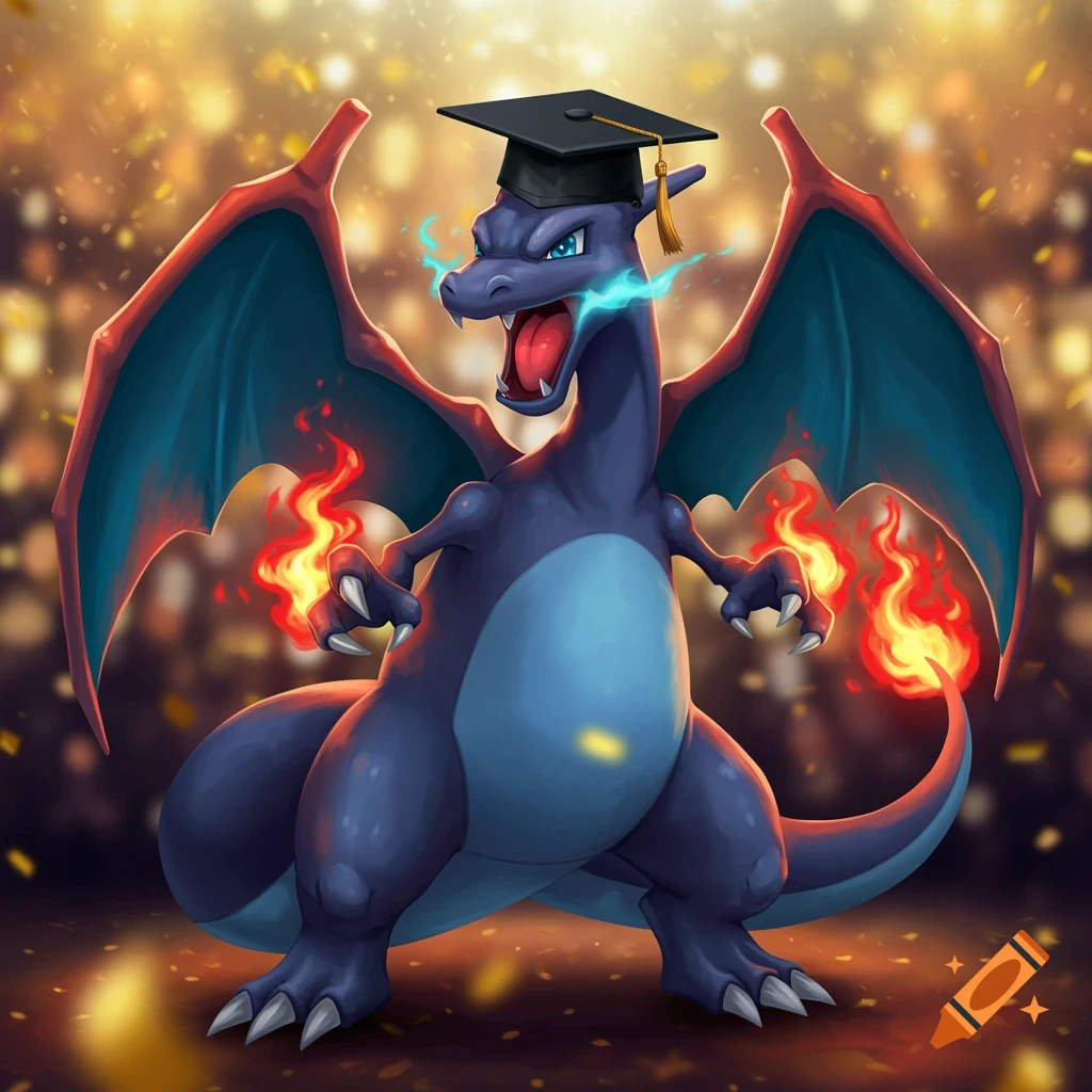Charizard flying in the sky wearing a graduation cap and gown. on Craiyon