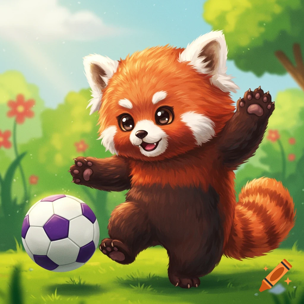 A happy red panda in a red soccer uniform standing with a soccer ball. on Craiyon
