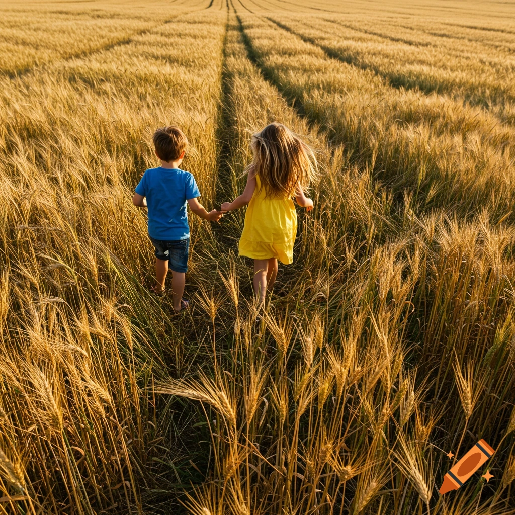 Young boy and girl running in a rye field in the sun on Craiyon