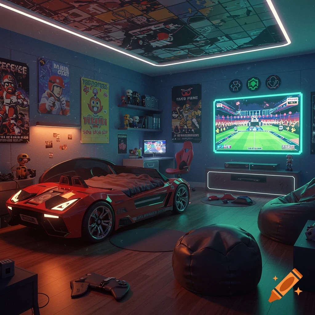 A game themed bedroom with a race car bed, posters, and large TV screen ...