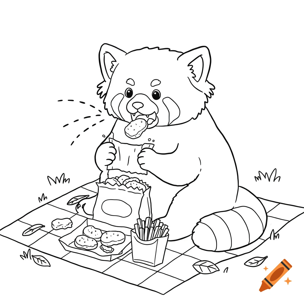 Red panda eating chicken nuggets and fries coloring page on Craiyon