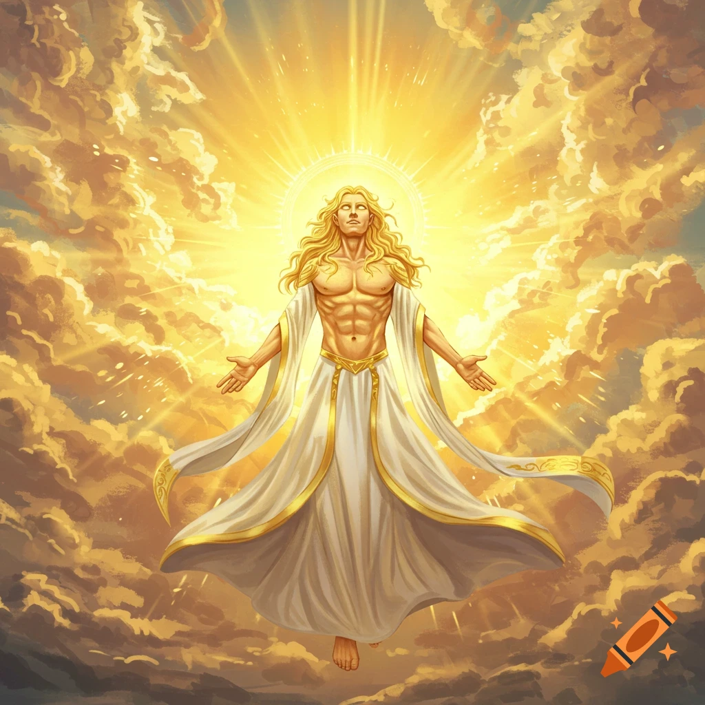 A radiant figure with long blonde hair in a white robe is surrounded by ...