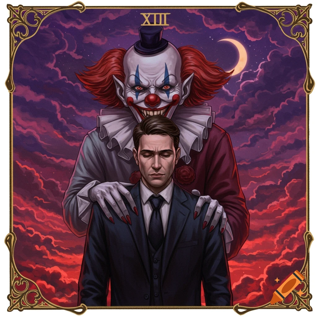 Tarot card featuring a clown behind a man on Craiyon