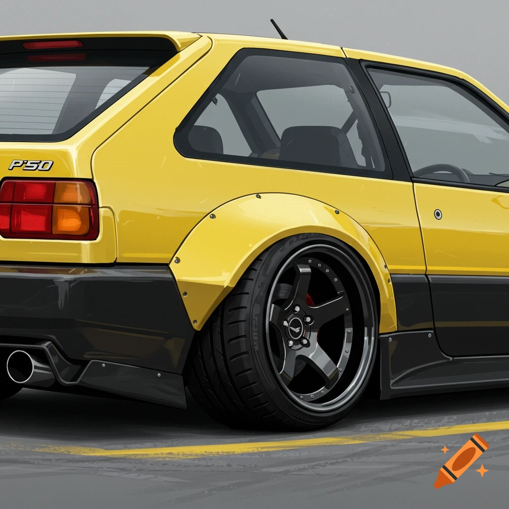 Rear side view of a slammed yellow car with wide fender flares and ...
