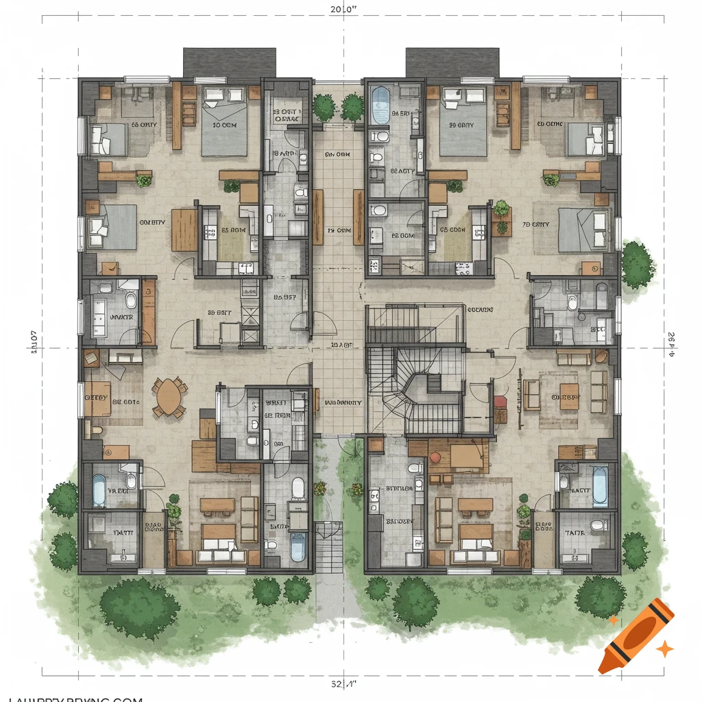 Detailed architectural floor plan drawing of an apartment building ...