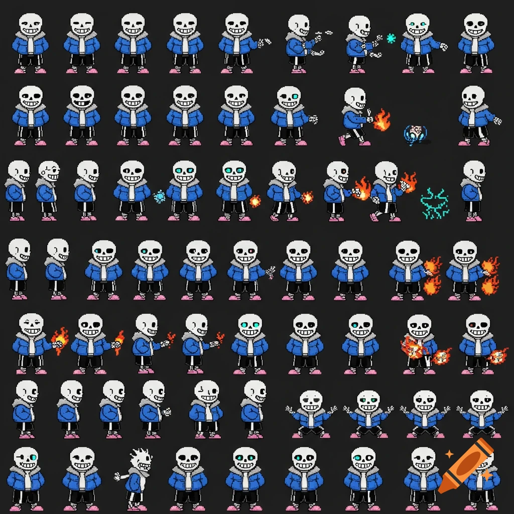 Pixel art sprite sheet of Sans from Undertale on Craiyon