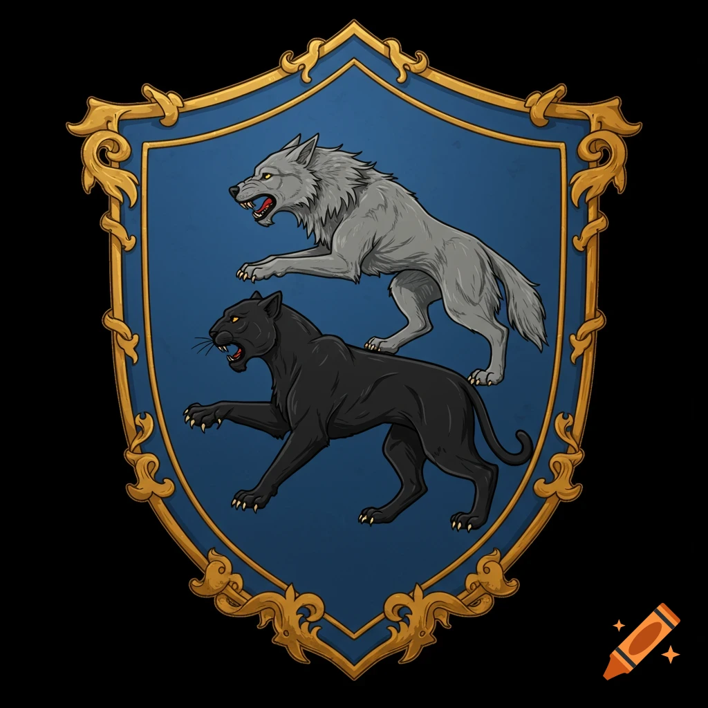 Coat of arms featuring mountain, water, and wolf symbols, representing ...