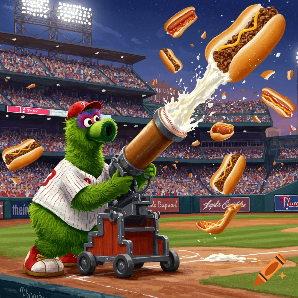 The Phillie Phanatic mascot fires hot dogs and cheesesteaks from a ...