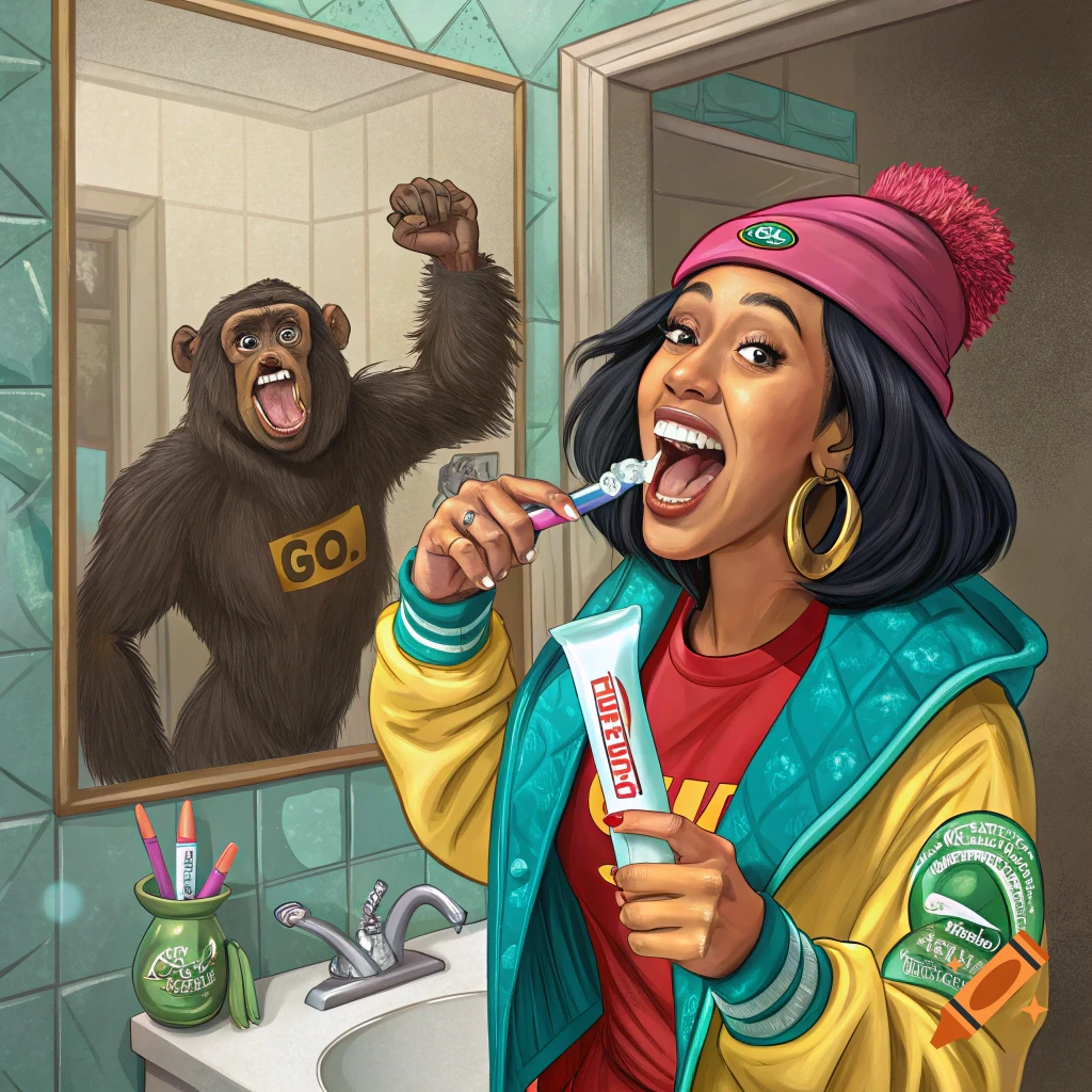 Cardi B holding toothpaste with GloRilla brushing teeth on Craiyon