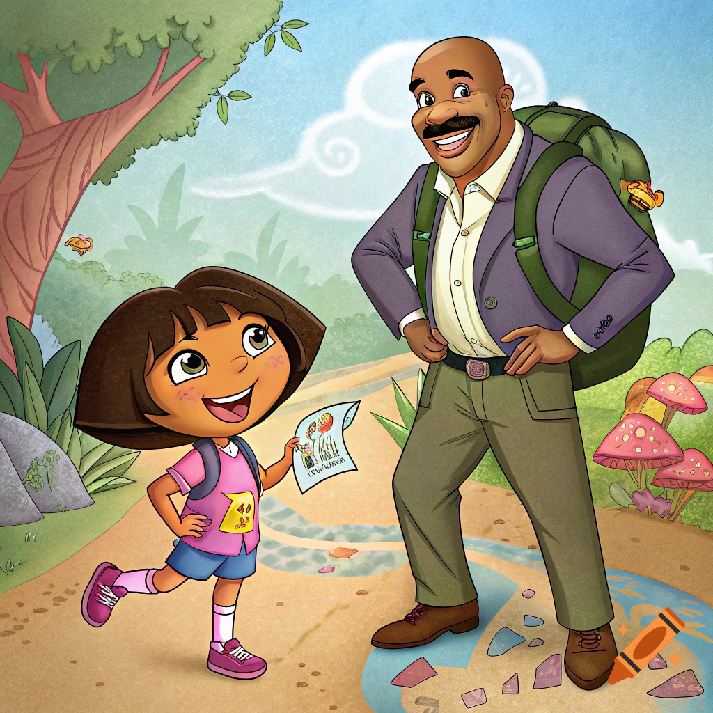 Two cartoon characters, one a doctor and the other a child resembling Dora, flexing arms on a ...