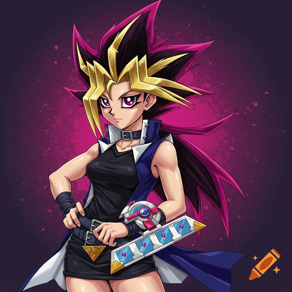 Female version of Yugi Muto from Yugioh with long, tri-colored hair on ...
