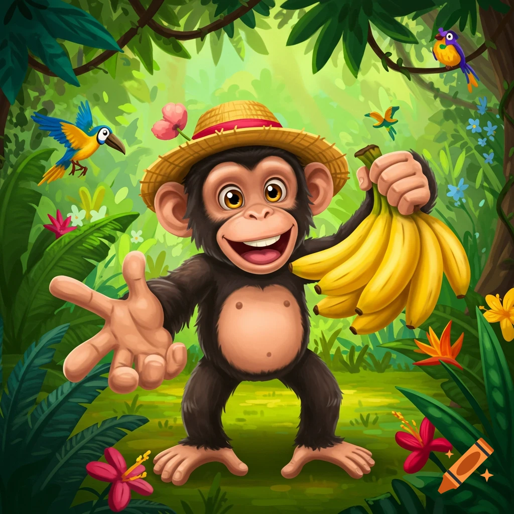 Cartoon chimpanzee with straw hat holding bananas in a jungle ...