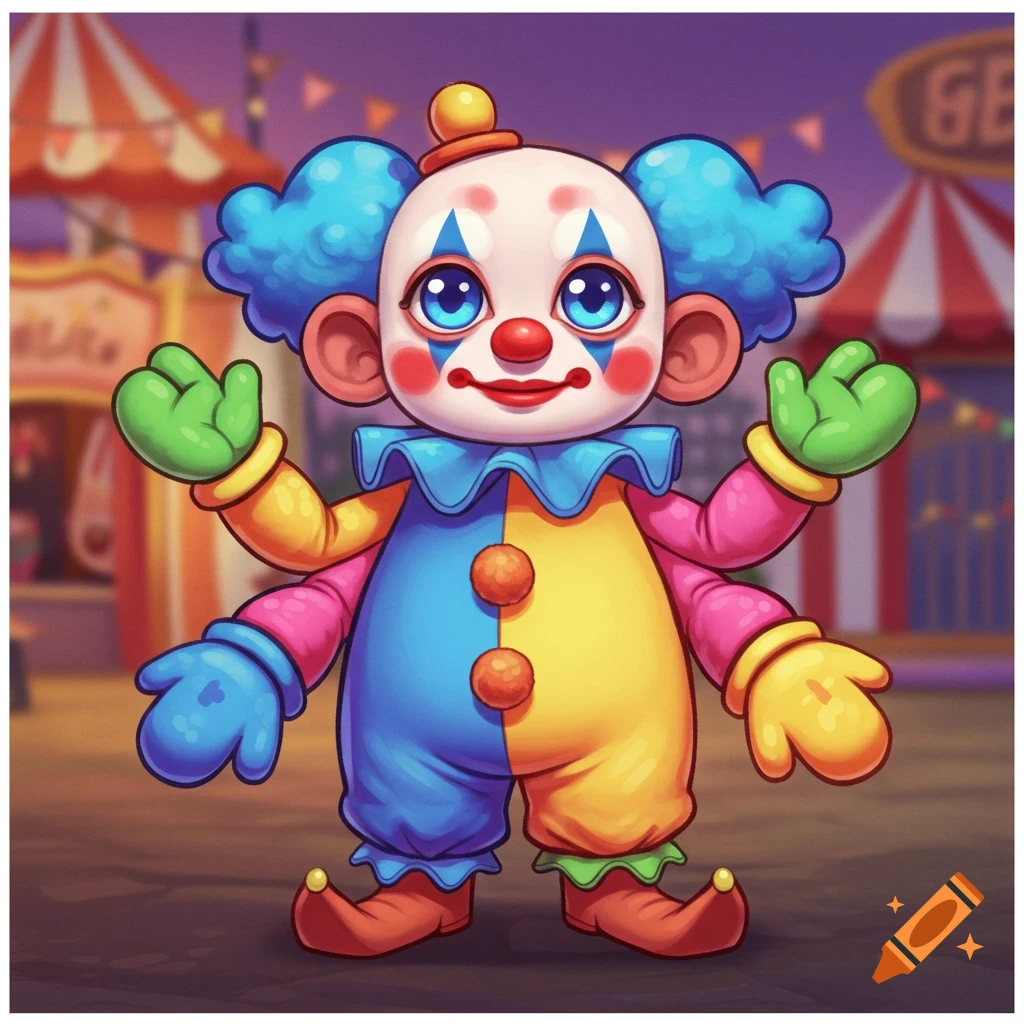 Cute clown video game avatar with four eyes and four arms on Craiyon