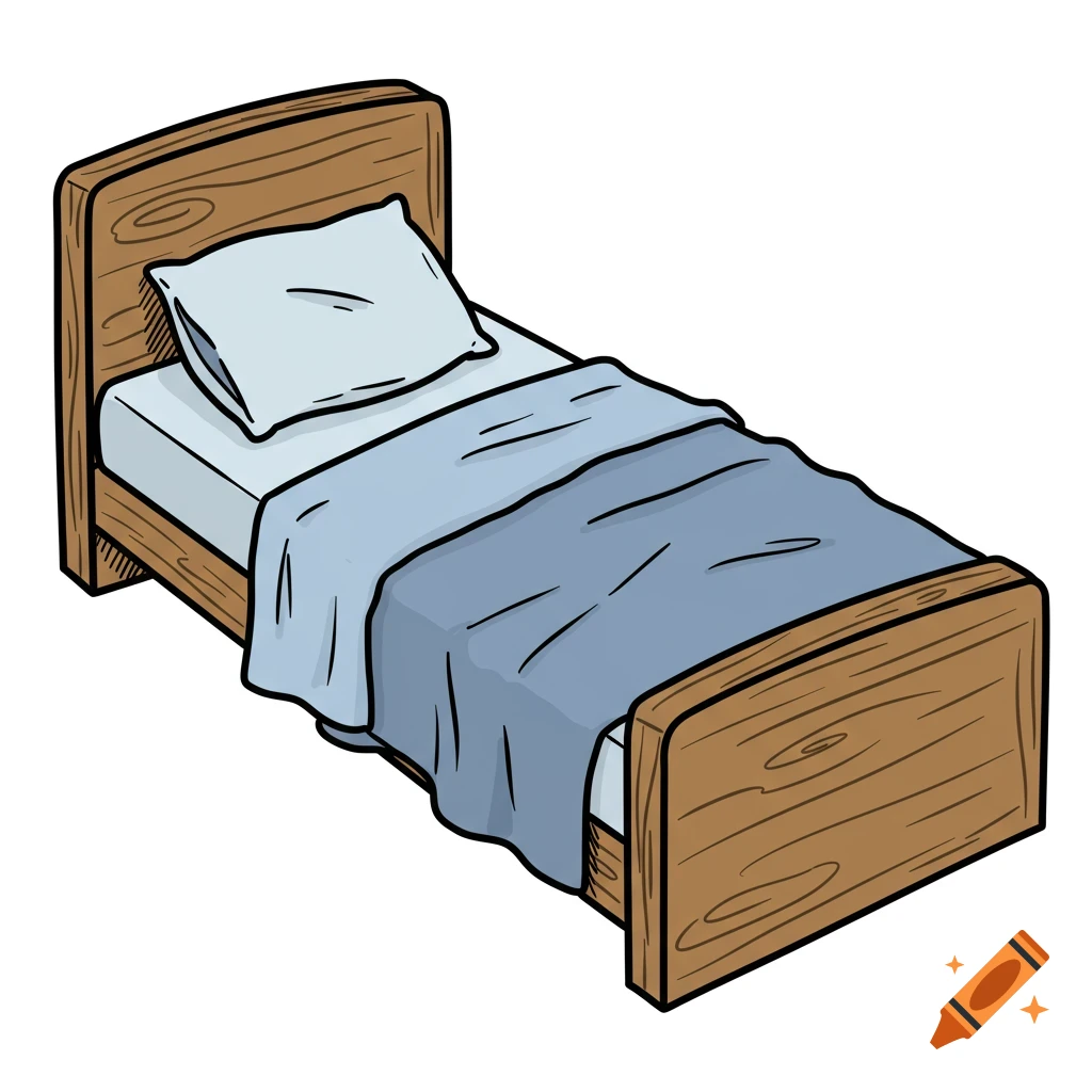 Bed with blue sheets and wooden frame in pen doodle style on Craiyon