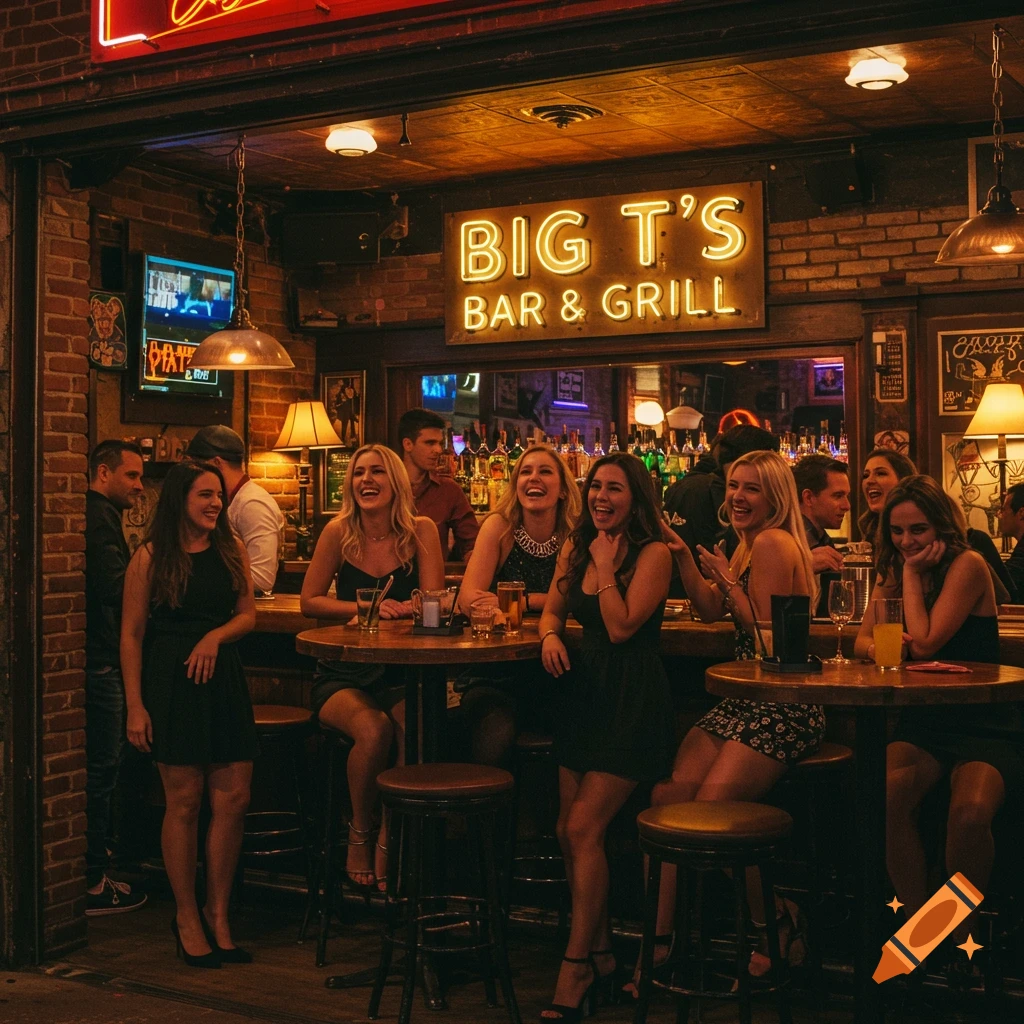 People laughing and talking at a bar with a neon sign that says 'BIG T ...