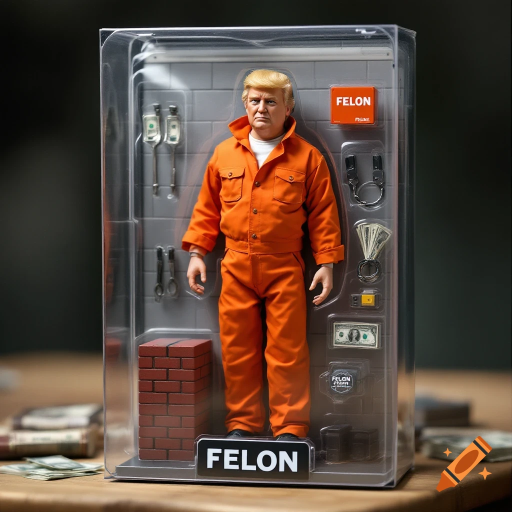 Donald Trump action figure in box with 'Felon' tagline. on Craiyon