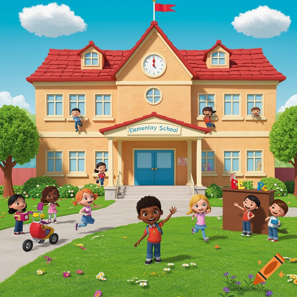 An animated illustration of a vibrant elementary school with diverse ...