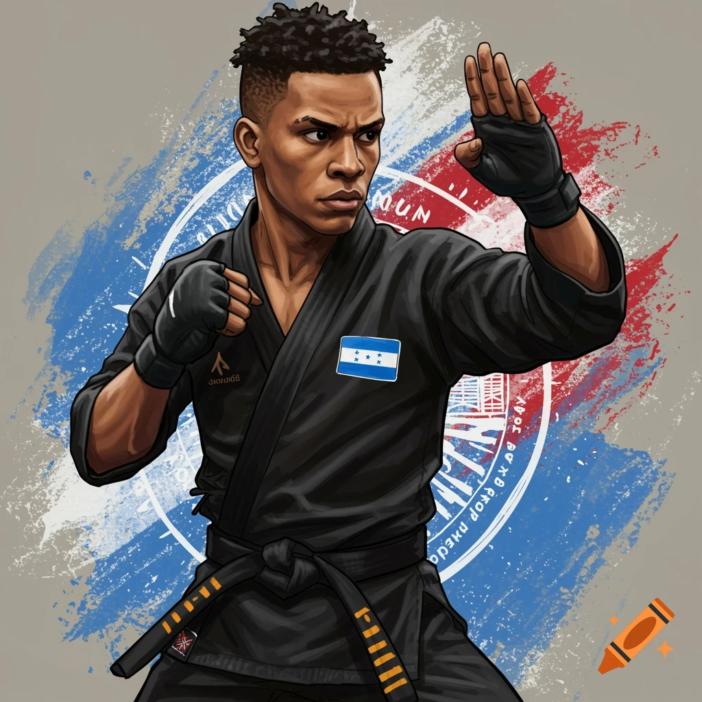 A male martial artist in a black gi and gloves with a Honduran flag ...