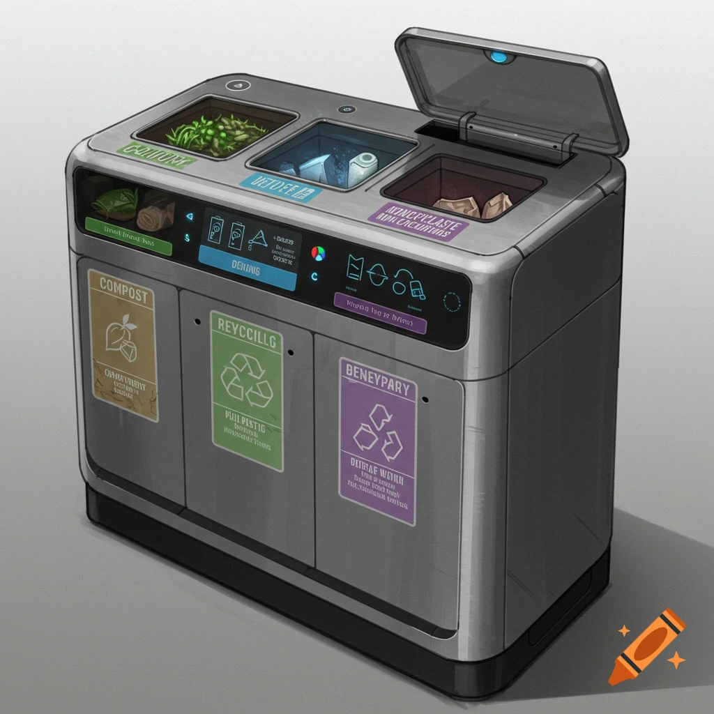 RecycleBot 3000 trash can with compost, recycling, and general waste ...