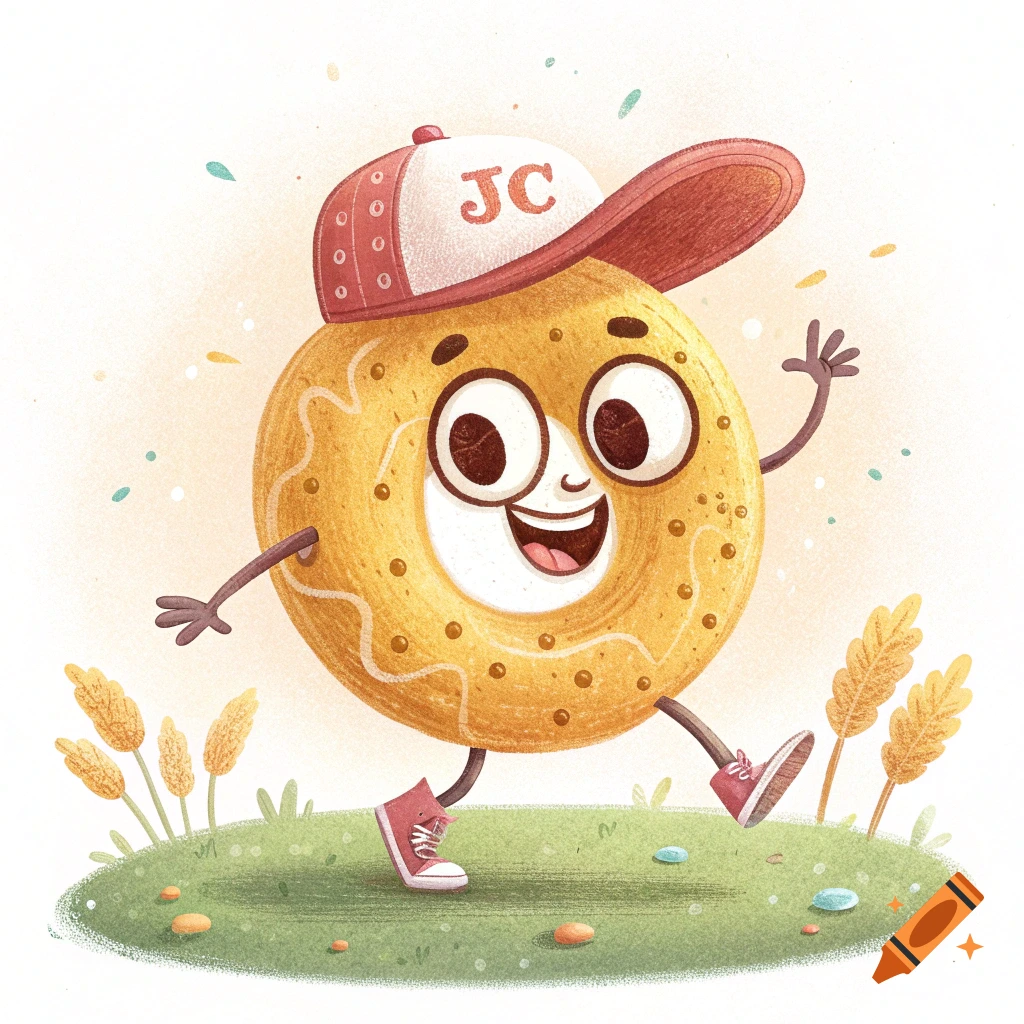 A cartoon chocolate chip cookie character wears a baseball cap and ...
