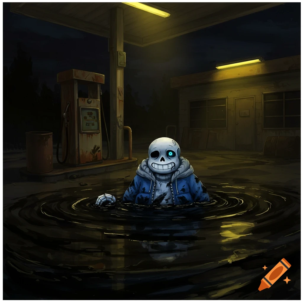 A skeleton resembling Sans from Undertale is submerged in oil at a gas ...