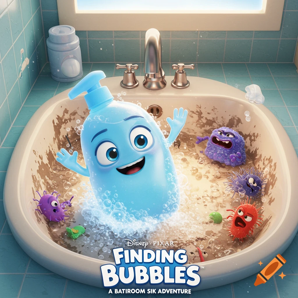 Cartoon blue soap bottle character and microbes in a dirty sink, styled ...