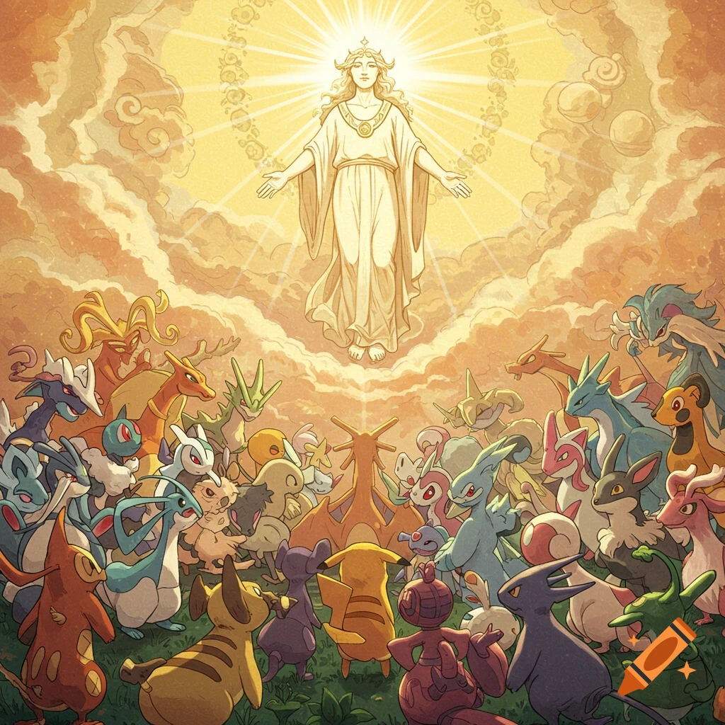 Various Pokemon characters fly up a rainbow in a sunny sky with clouds ...