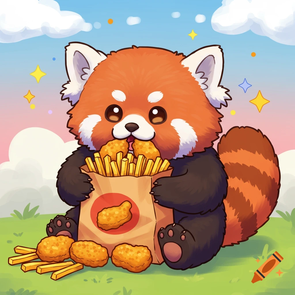Cartoon red panda eating chicken nuggets and fries on Craiyon