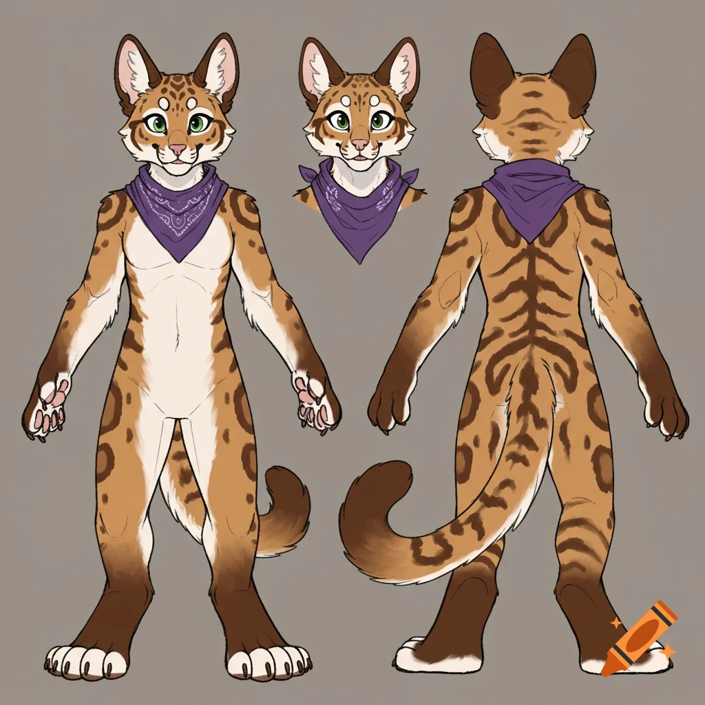Concept art sheet for an anthropomorphic cat character with brown spots, white chest, and a ...