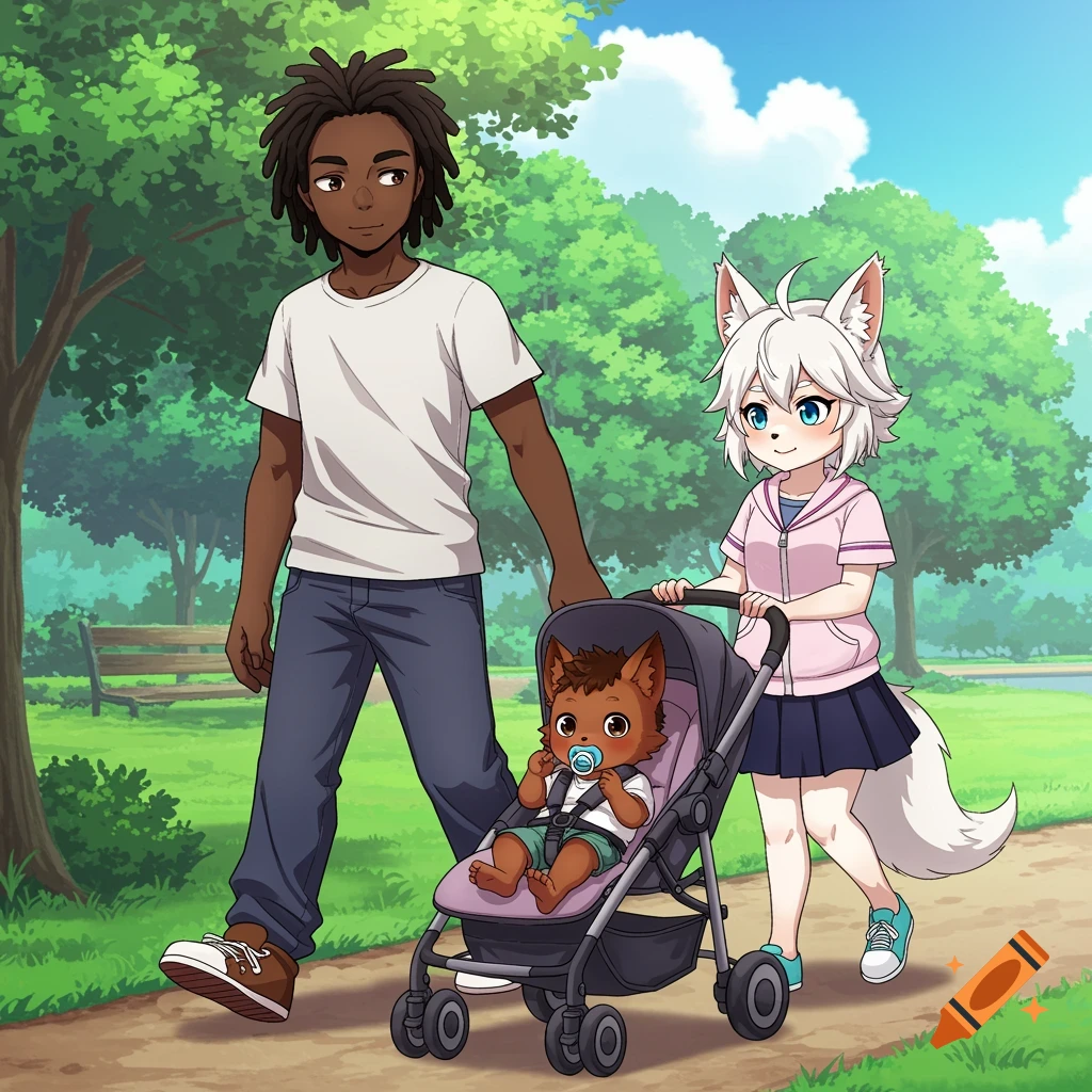 Anime couple with human-fox hybrid child in stroller at the park. on ...