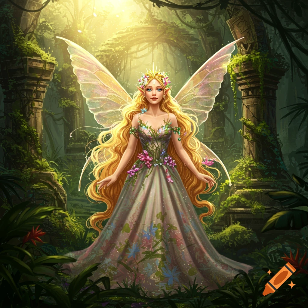A beautiful blonde fairy queen with wings stands in a jungle ruin ...
