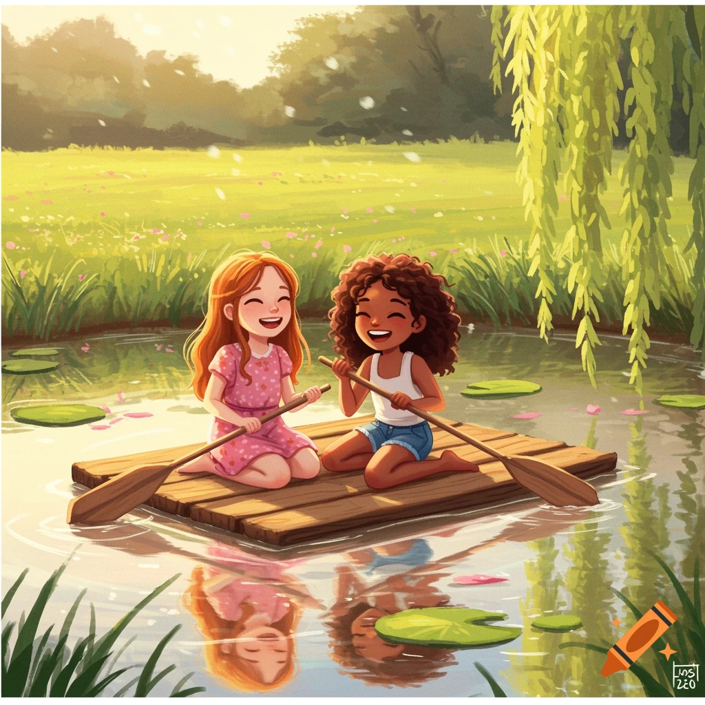 Two smiling girls on a raft in a pond. on Craiyon