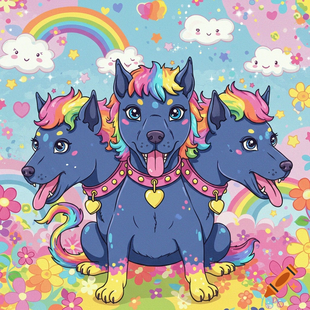 Lisa Frank style Cerberus illustration on Craiyon