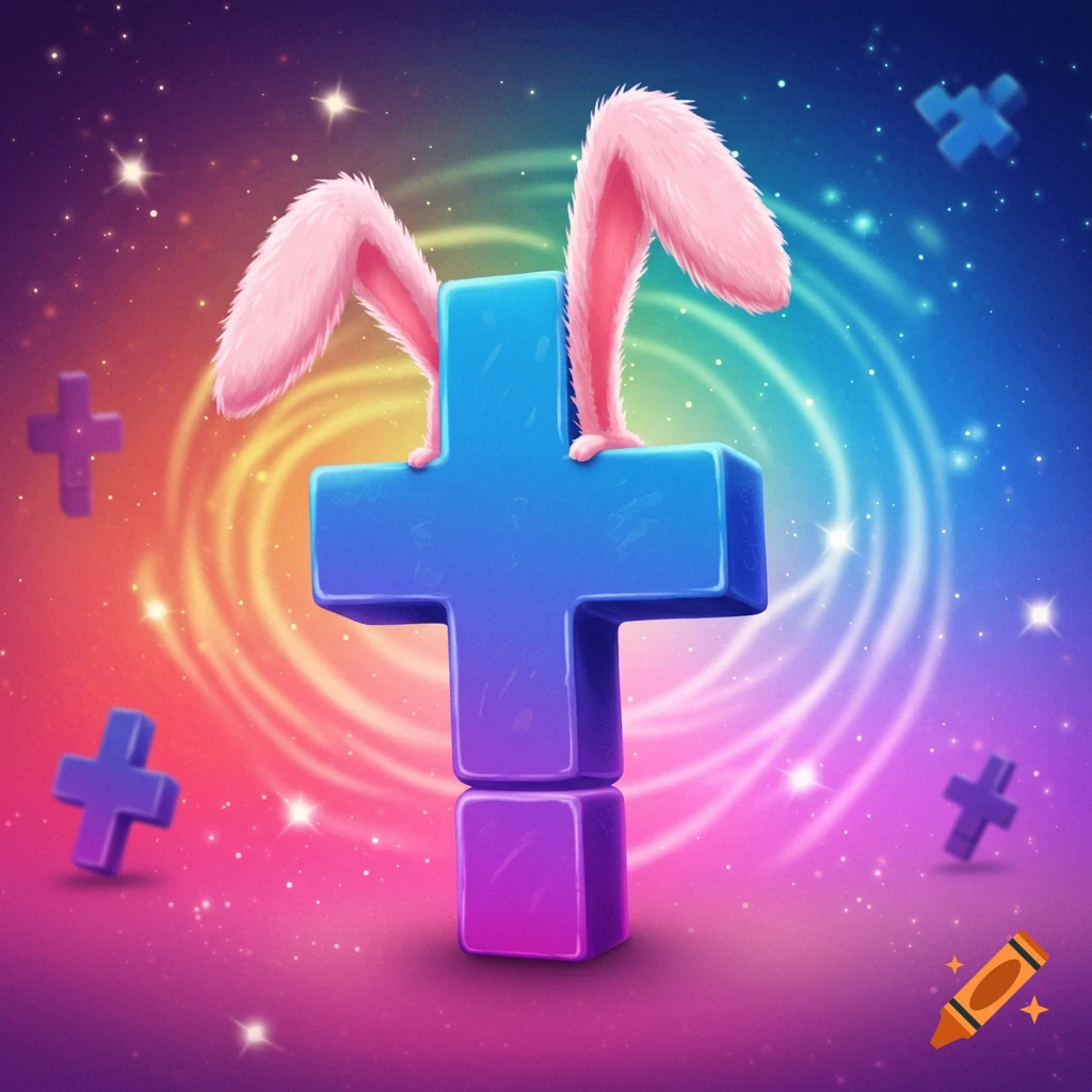 Blue plus sign with pink bunny ears floats in colorful space with stars ...