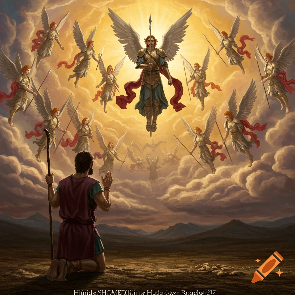 A man kneels and prays as a legion of warrior angels descends from a ...