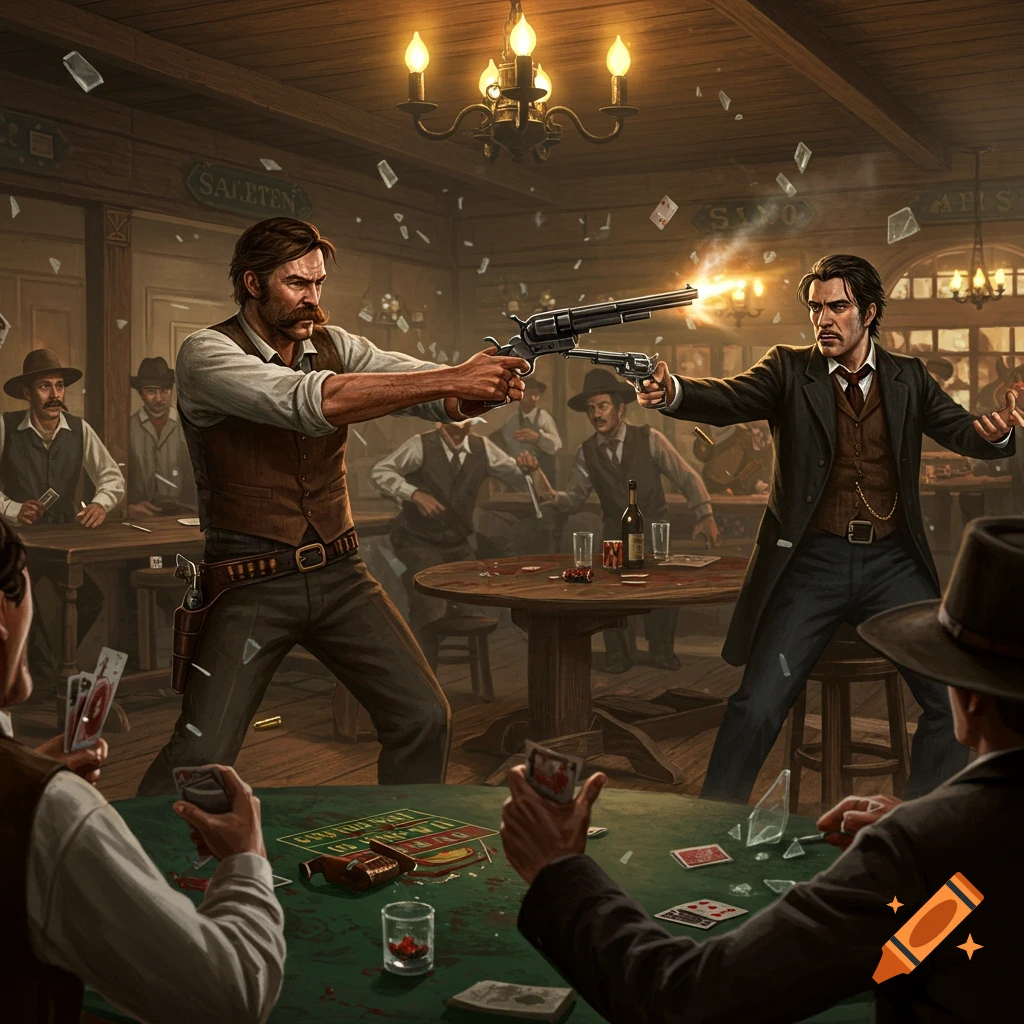 A gunfight erupts in a Western saloon during a card game. on Craiyon
