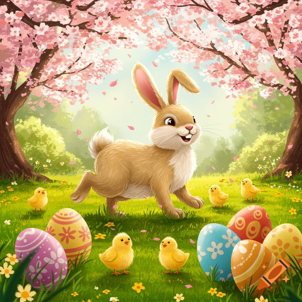Easter bunny with grass, cherry blossoms, chicks, and Easter eggs on ...