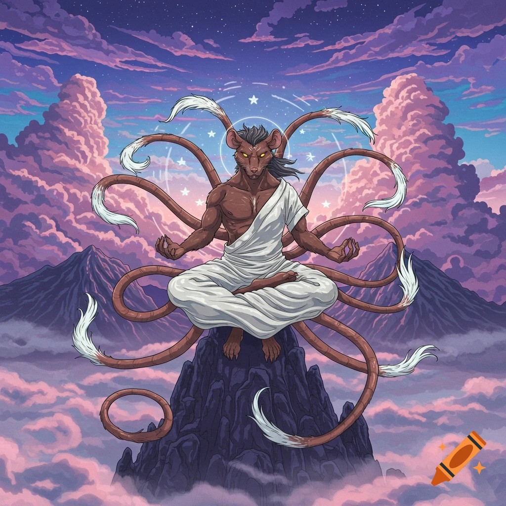 Japanese rat god meditating on a mountain with swirling clouds on Craiyon