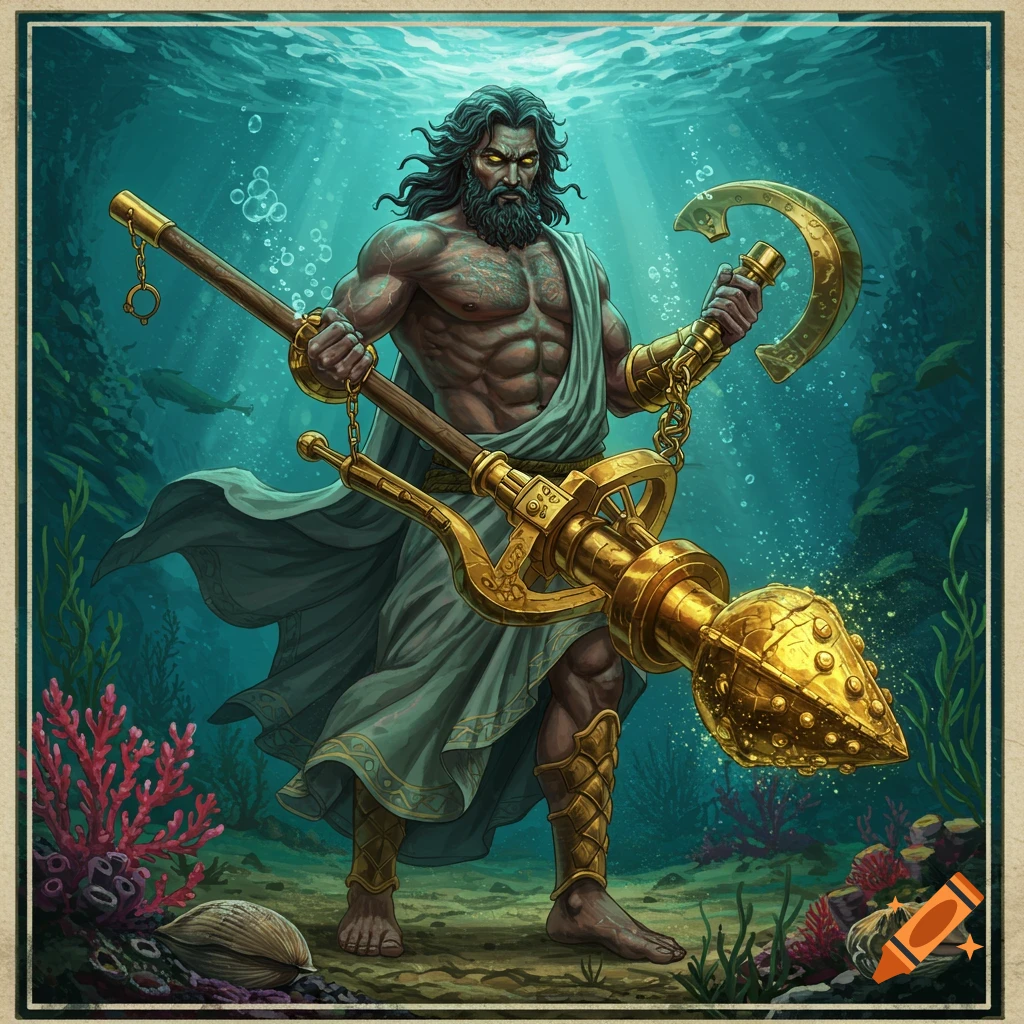 A bearded god holds a large golden weapon underwater on the seabed. on ...