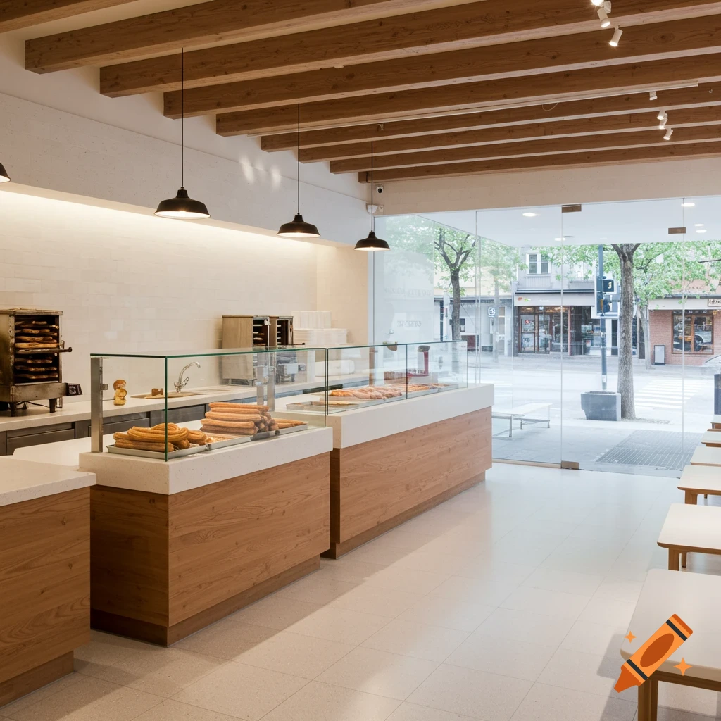 Modern bakery interior with display cases of pastries, wood and white ...