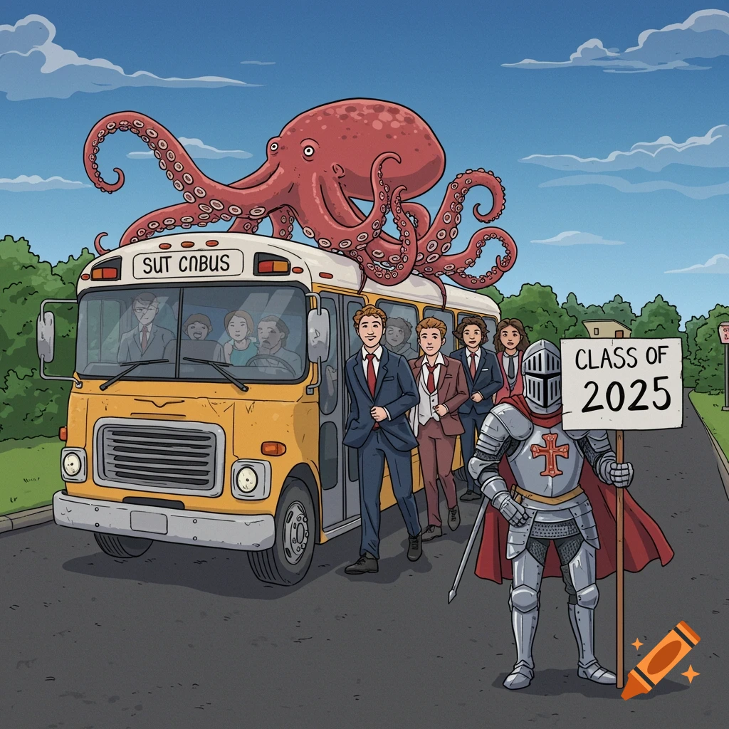 Bus with octopus on top, kids, and knight holding 'Class of 2025' sign ...